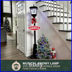 71-In. Musical Snowy Christmas Street Lamp in Black with Christmas Tree ...