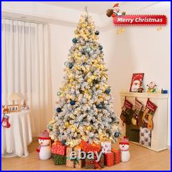 8FT Pre-lit Snow Flocked Christmas Tree Hinged Pine Tree with1300 ...