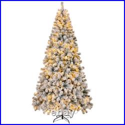 8FT Pre-lit Snow Flocked Christmas Tree Hinged Pine Tree with1300 ...