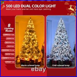 8FT Pre-lit Snow Flocked Christmas Tree Hinged Pine Tree with1300 ...