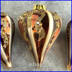 8 Jim Marvin Brown Amber Rust Beaded Teardrop Glass Ornaments 5.5 Set ...