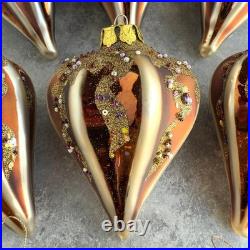 8 Jim Marvin Brown Amber Rust Beaded Teardrop Glass Ornaments 5.5 Set ...